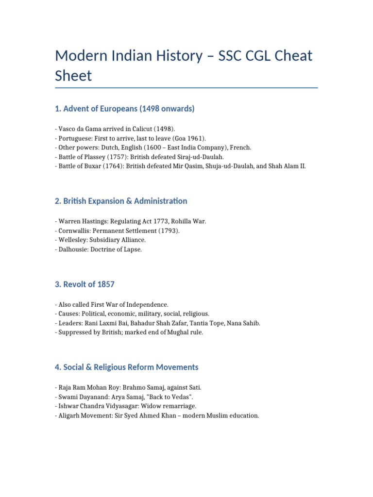SSC CGL Modern Indian History Cheat Sheet | PDF