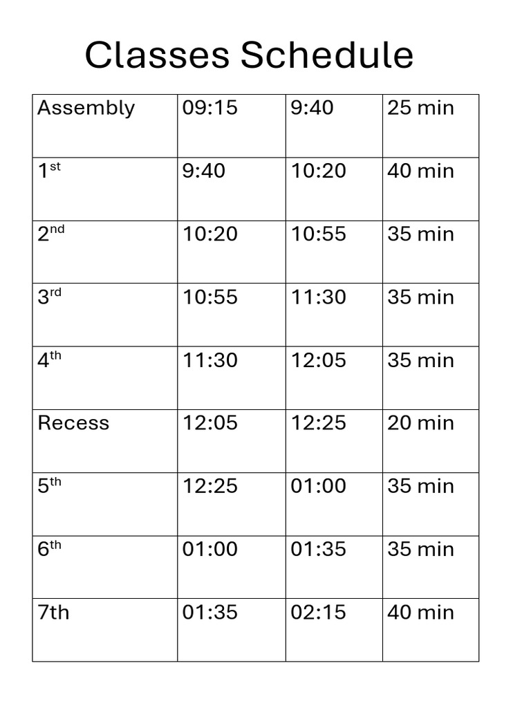 Class Schedule With Timings Pdf