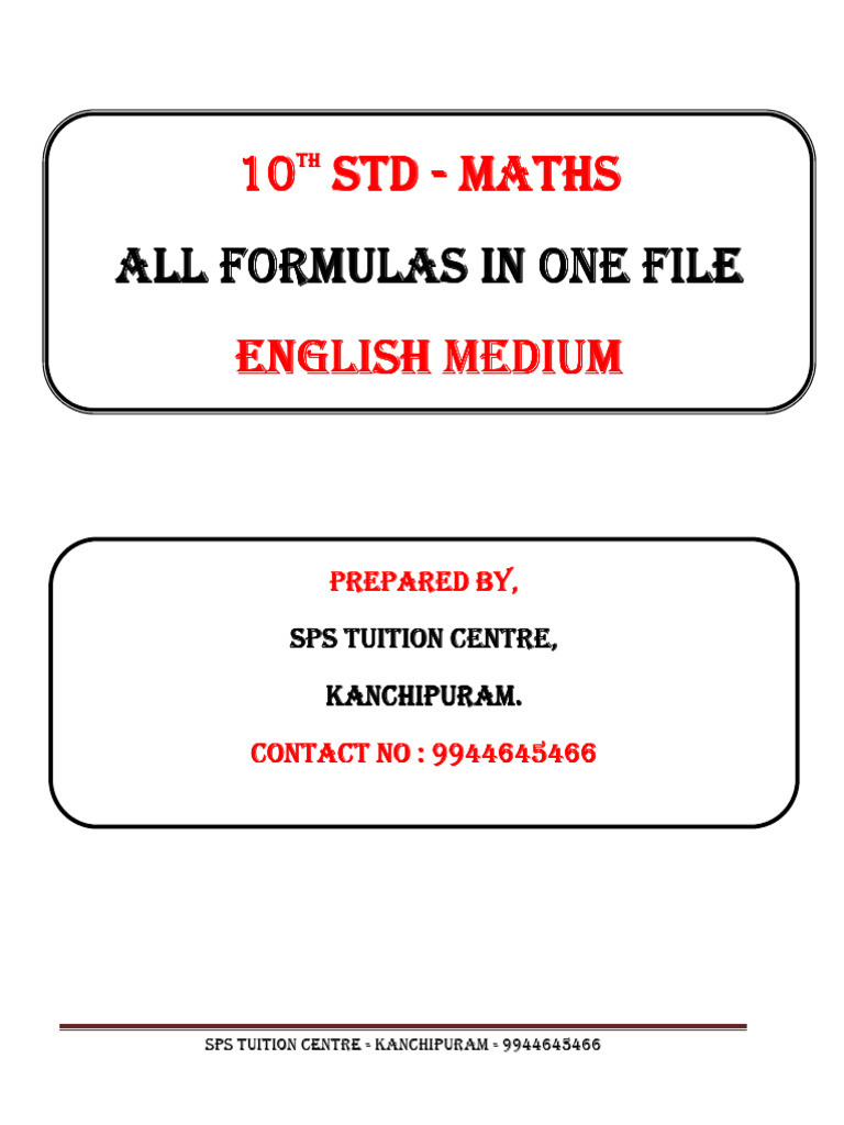 10th Standard All Formulas English Version 2019-20 by Sps Tuition ...