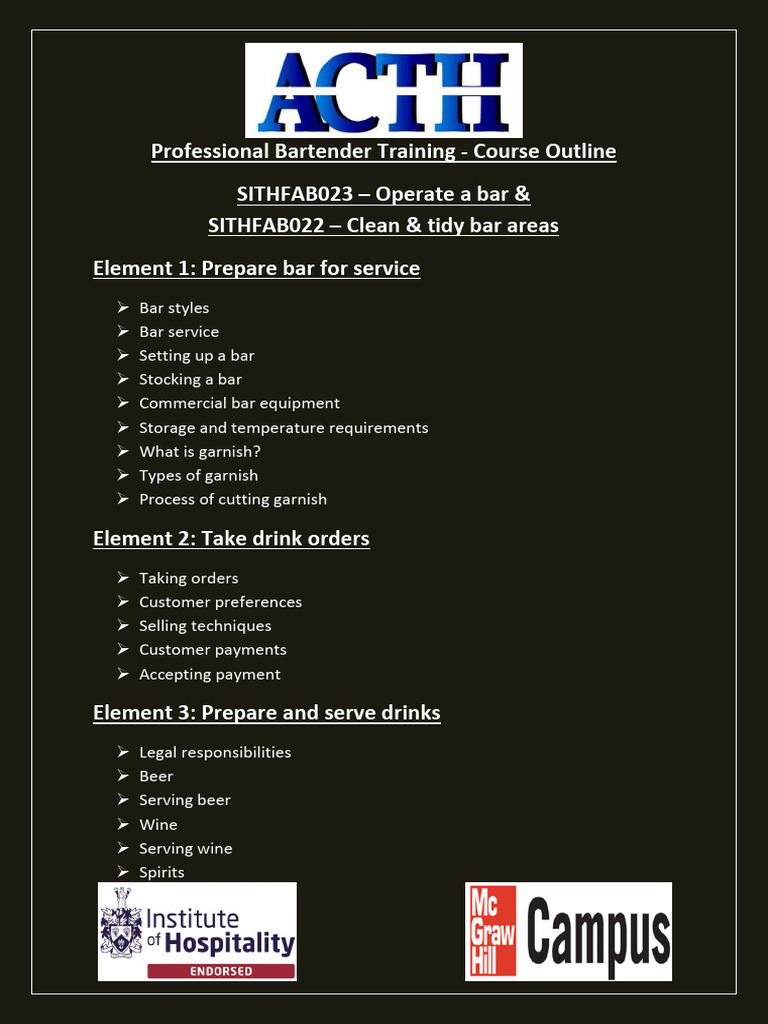 Professional Bartender Training Course Outline | PDF