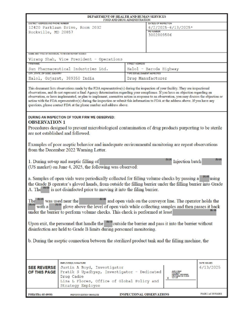 Sun Pharma FDA 483 Observations 2025 | PDF | Food And Drug ...
