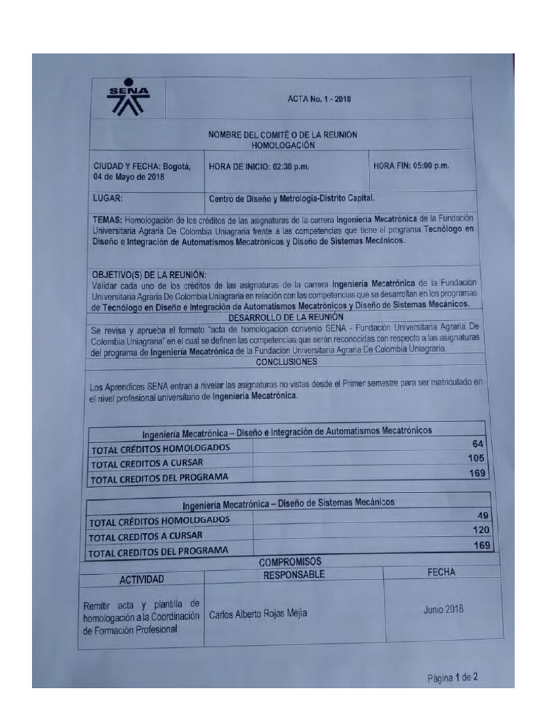 Acta 1 Ing. Mecatrónica Centro Diseño Metrologia SENA | PDF
