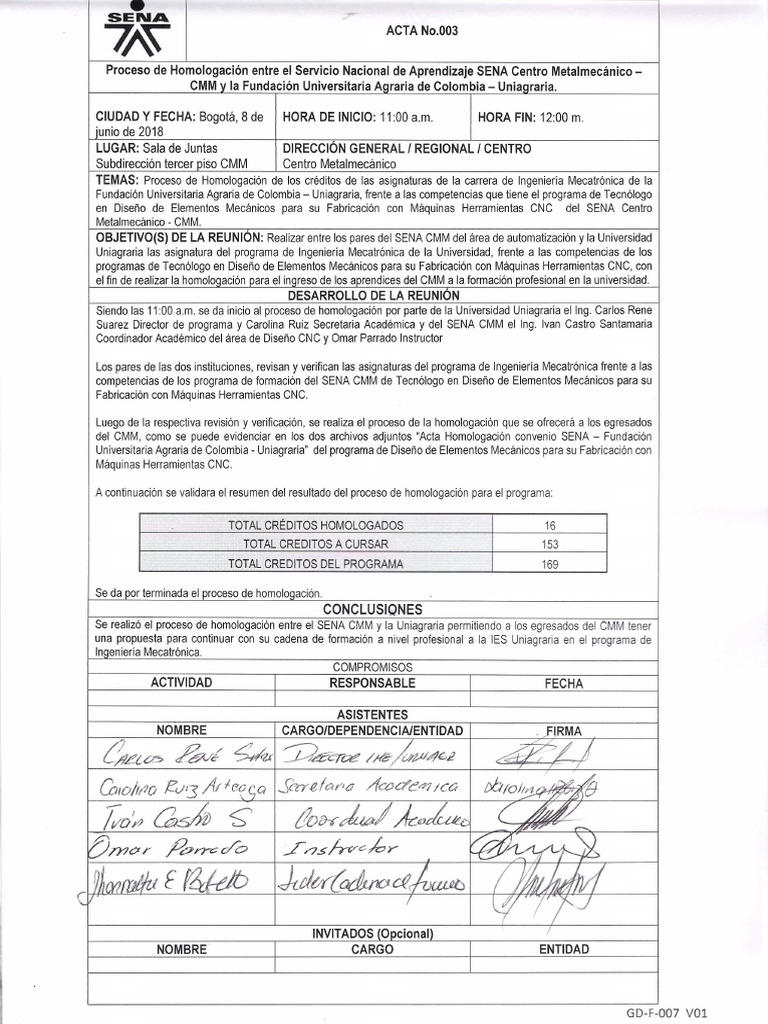 Acta 3 Ing. Mecatrónica Centro Metalmecanico SENA | PDF