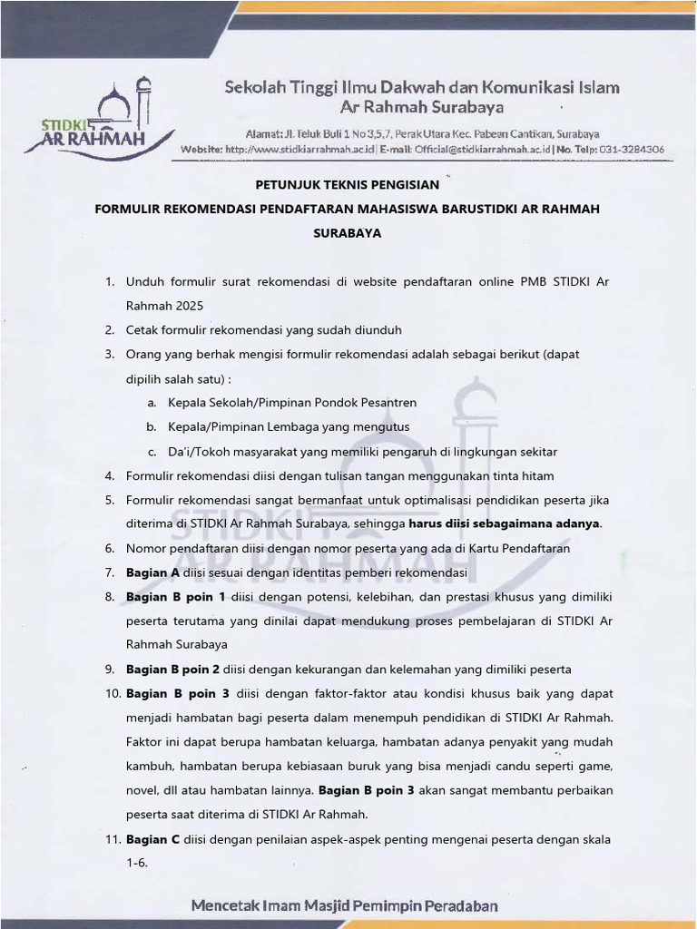 Template Surat Rekomendasi Peserta PMB Stidki Ar Rahmah 2025 | PDF