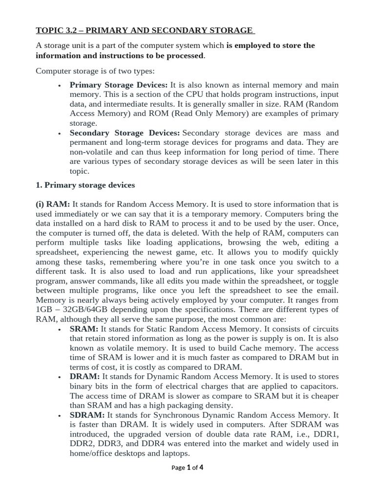 Primary vs. Secondary Storage Overview | PDF | Random Access Memory ...