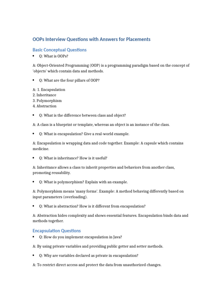 OOPs Interview QA Placement | PDF | Method (Computer Programming) | Inheritance (Object Oriented ...