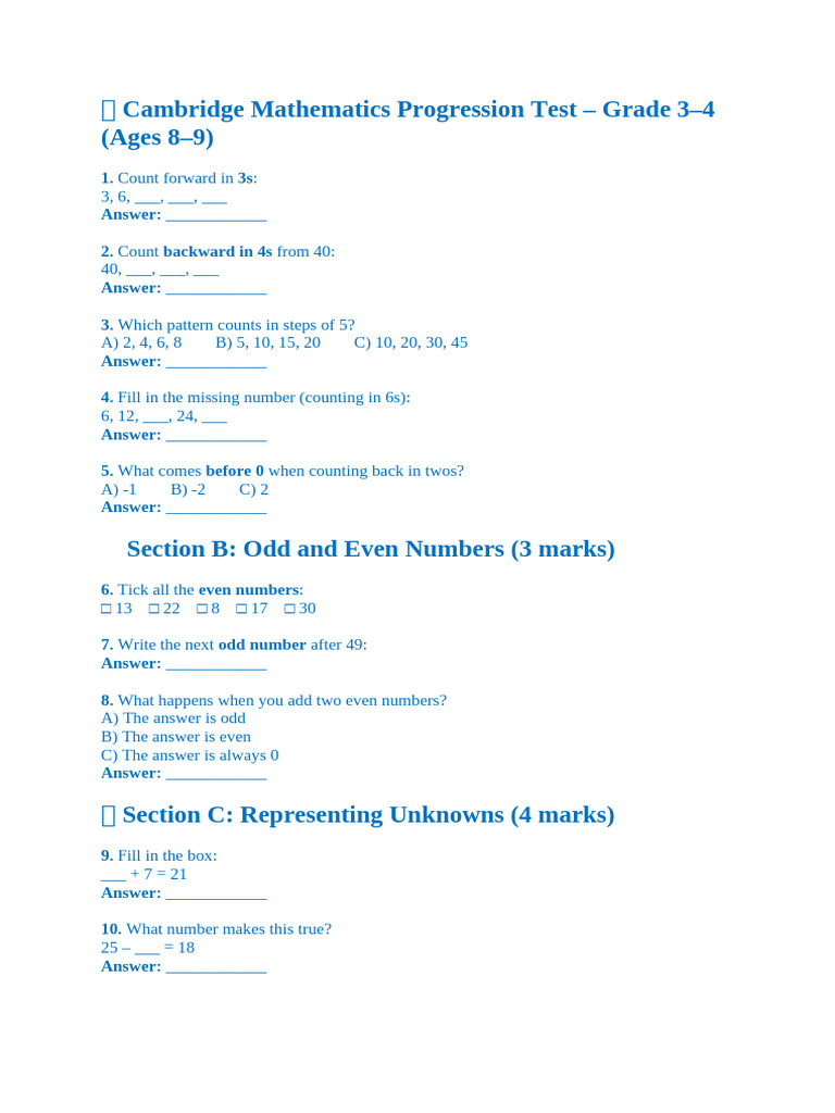 Grade 3 Mathematics Progression Test | PDF