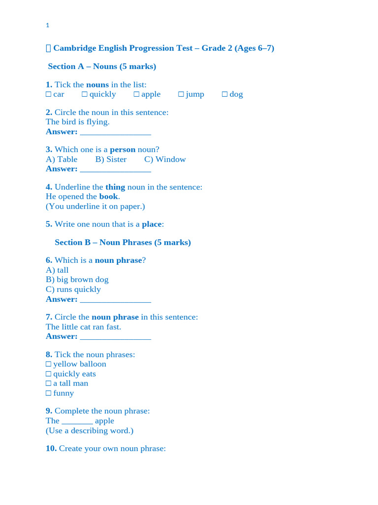 Grade 2 English Progression Test | PDF