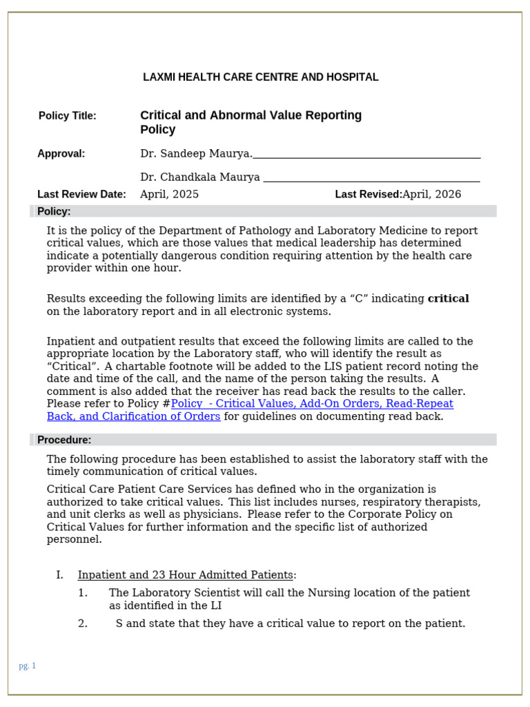 Critical Value Reporting Policy | PDF | Health Care | Patient