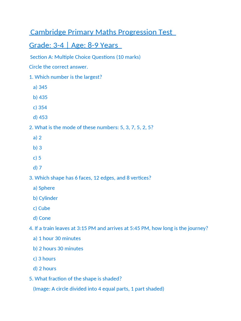 Cambridge Primary Maths Test Answers | PDF