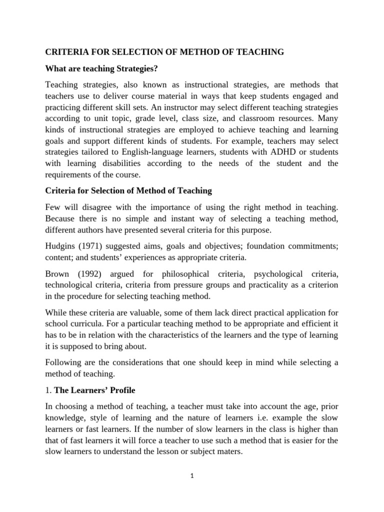 Criteria For Selection of Teaching Strategies | PDF | Teaching Method | Learning