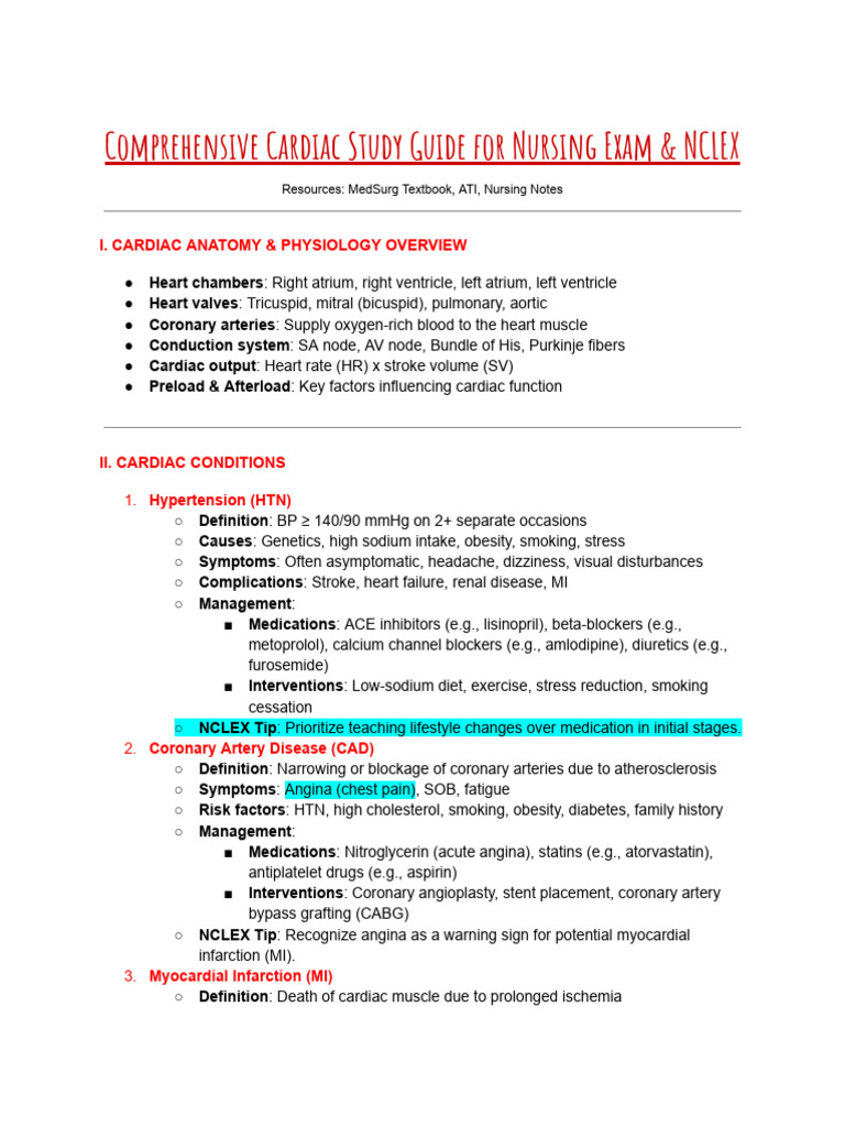 Cardiac Study Guide For Nursing Exam & NCLEX | PDF | Heart | Myocardial ...