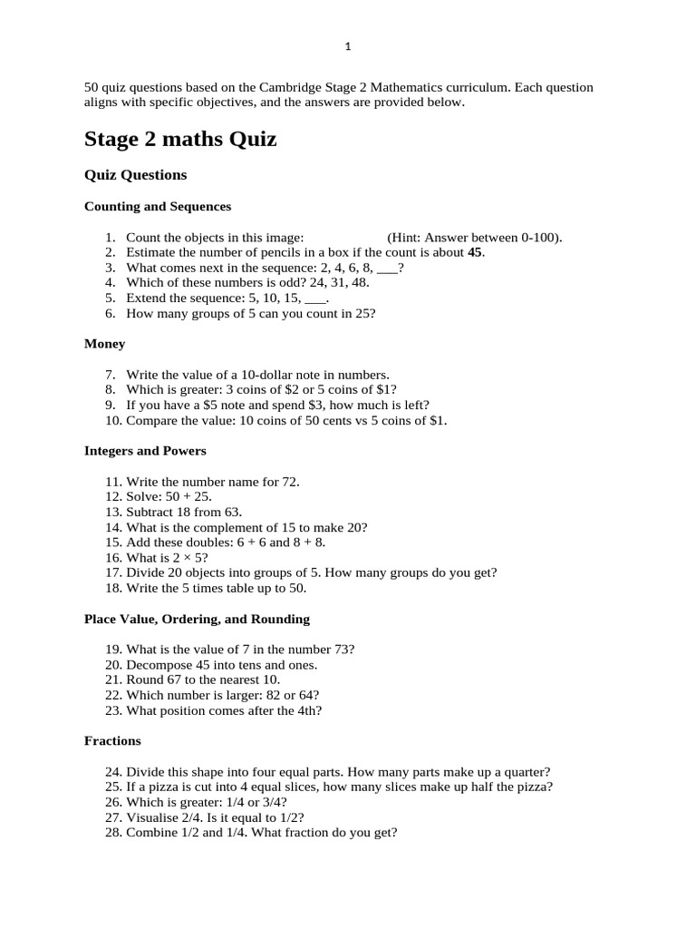 Stage 2 Math Quiz with Answers | PDF | Shape | Odds