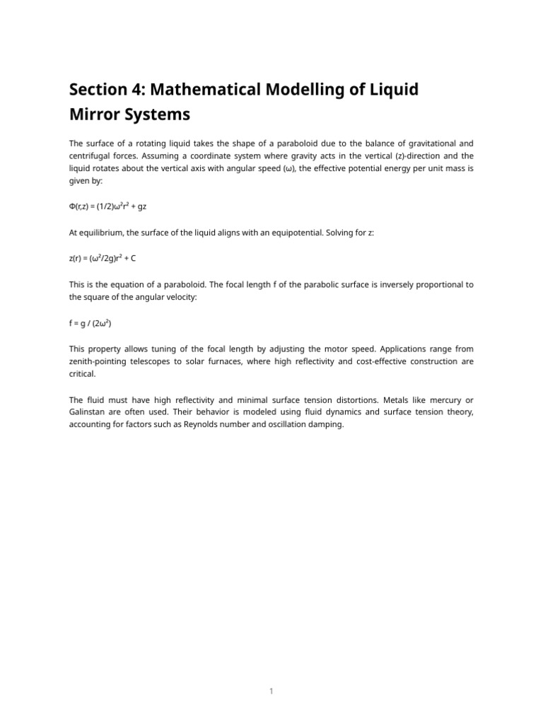 Liquid Mirror Focal Length Modeling | PDF