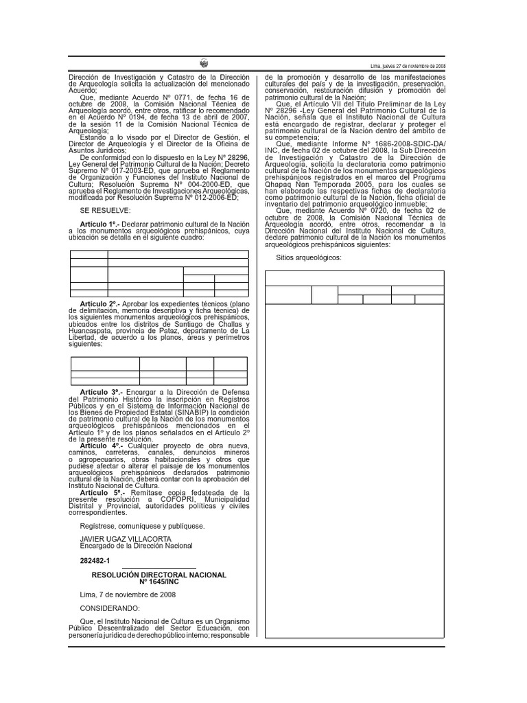 RDN 1645-2008-INC - Declara PCN Sitios Arqueológicos en Nazca y Palpa | PDF