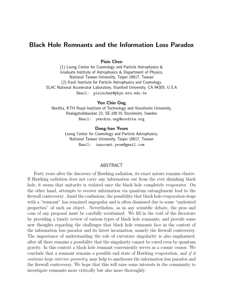Black Hole Remnants and The Information Loss Paradox | PDF | Black Hole ...