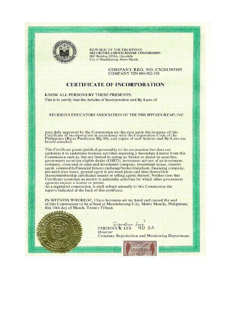 SEC Certificate REAP Inc | PDF