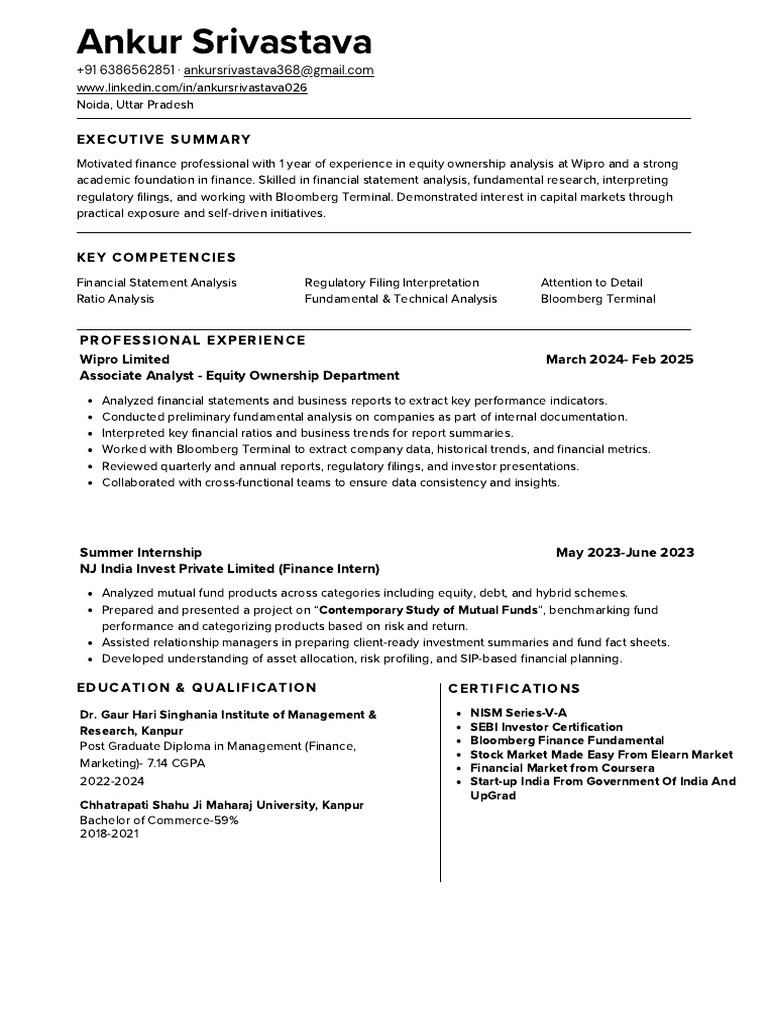 Resume Ankur Srivastava (3) - 1 | PDF | Equity (Finance) | Financial Statement Analysis