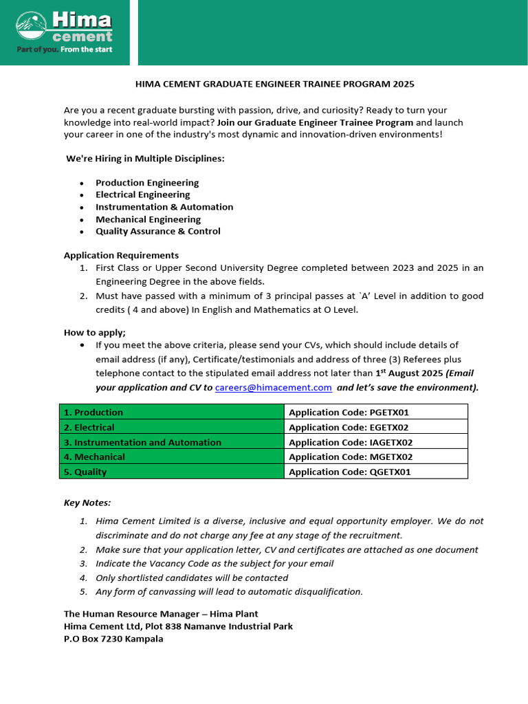 Hima Cement Graduate Trainee Program 2025 | PDF