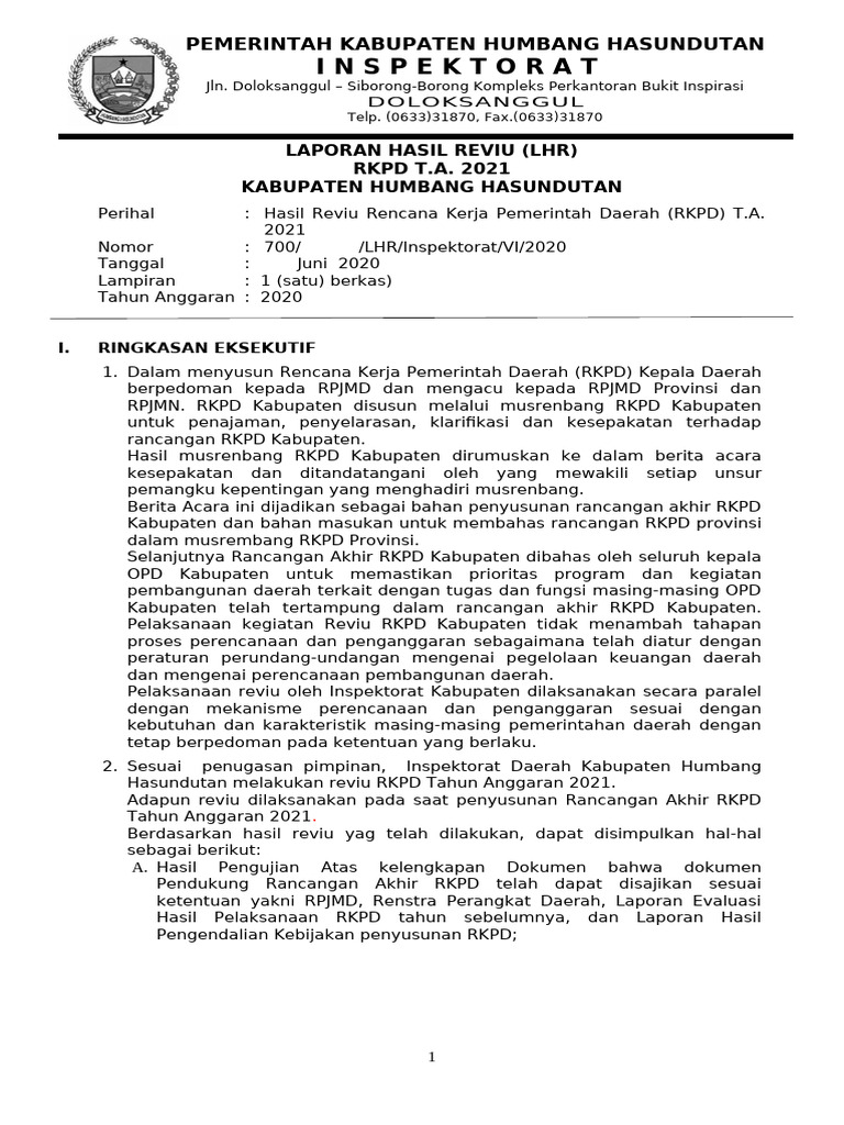 Laporan HASIL REVIU RKPD TA 2021 | PDF