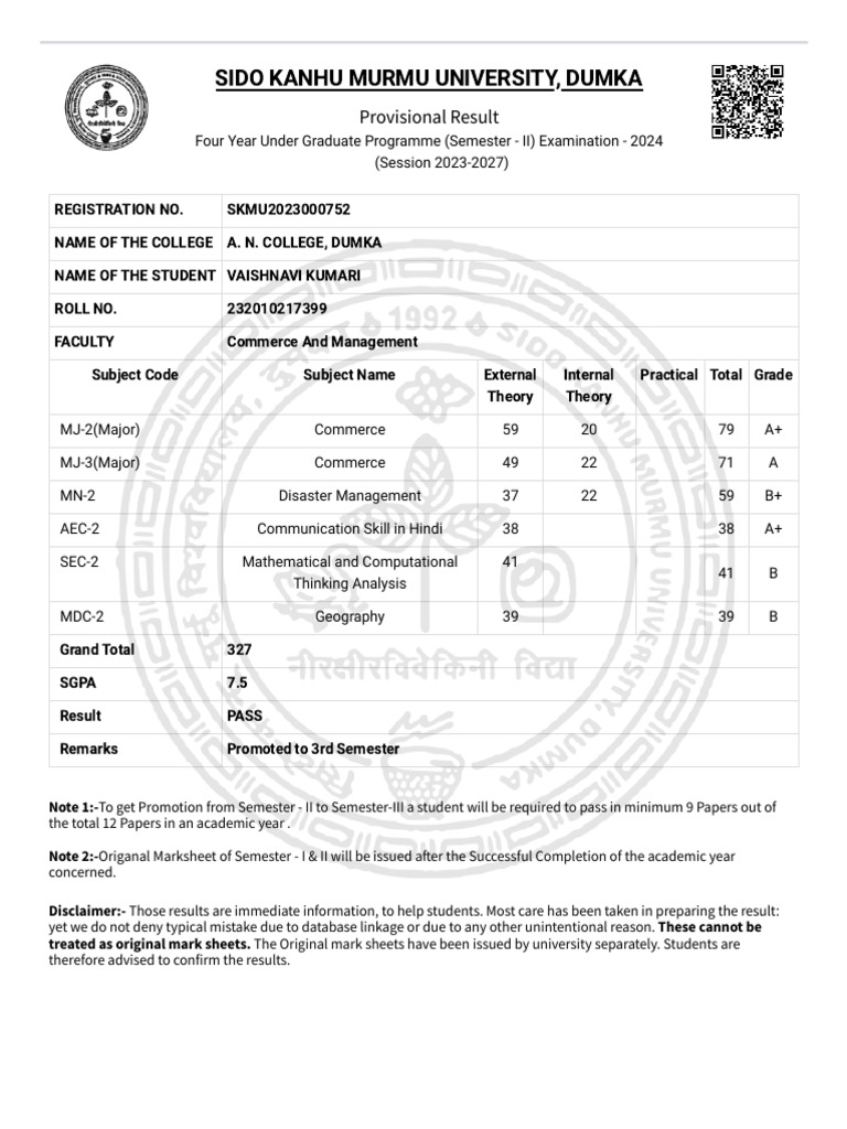 Vaisu Skmu Sem 2 Result | PDF