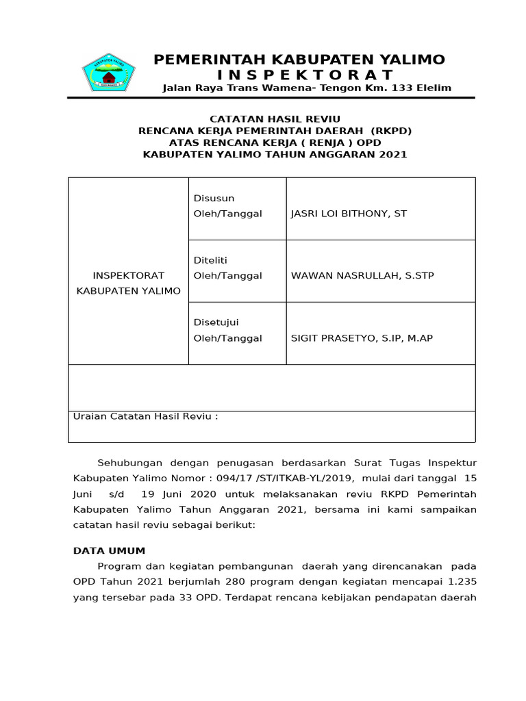 Reviu RKPD Kabupaten Yalimo 2021 | PDF