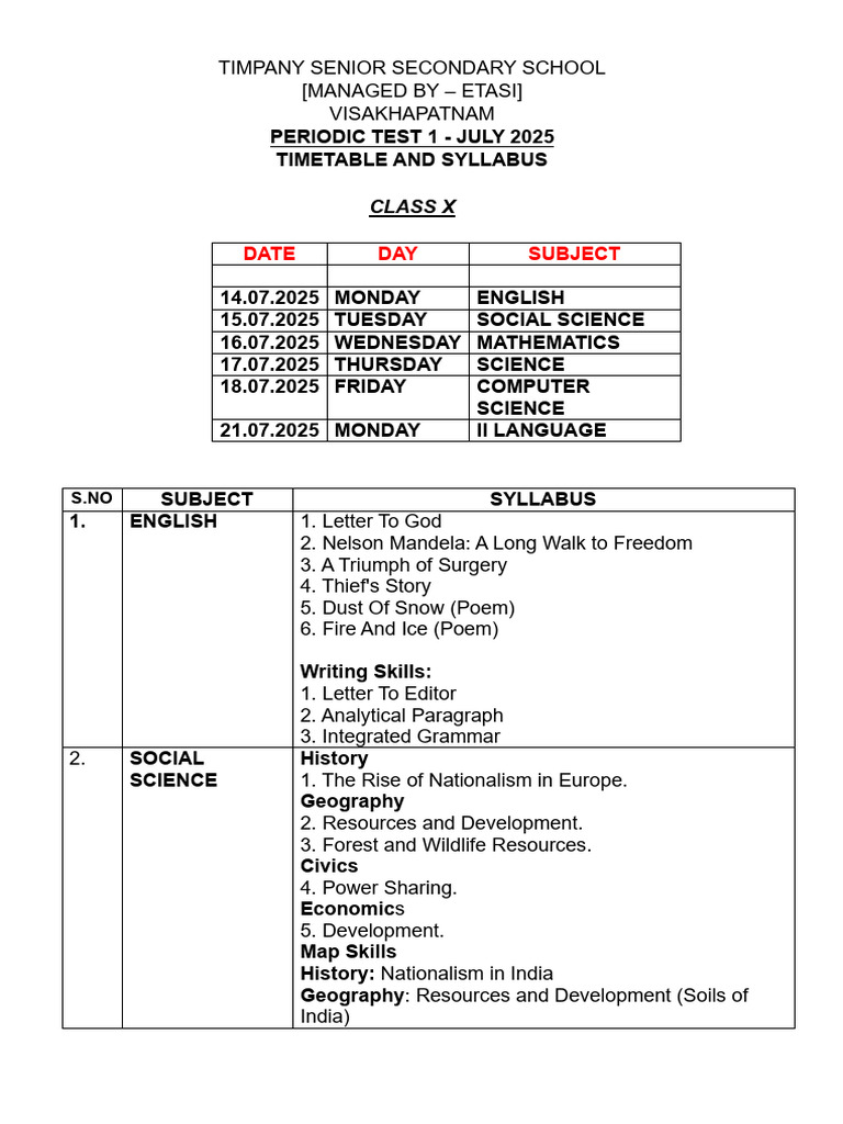 PT 1 Timetable and Syllabus - Class X | PDF
