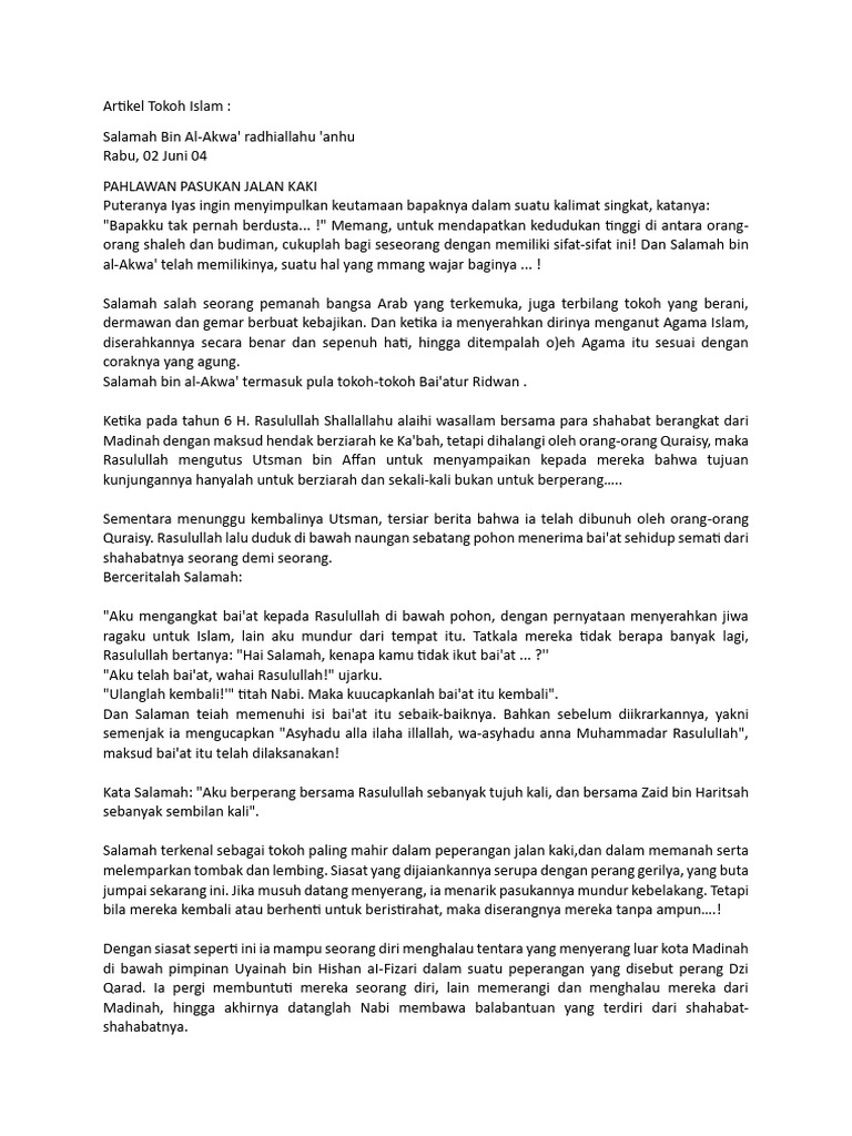 Salamah Bin Al-Akwa': Pahlawan Islam Pejuang | PDF