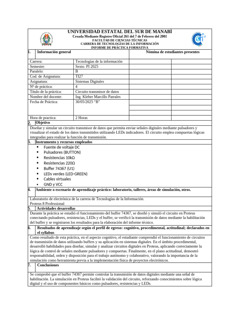 PRÁCTICA #4 - Circuito Transmisor de Datos | PDF | Electrónica | Red ...