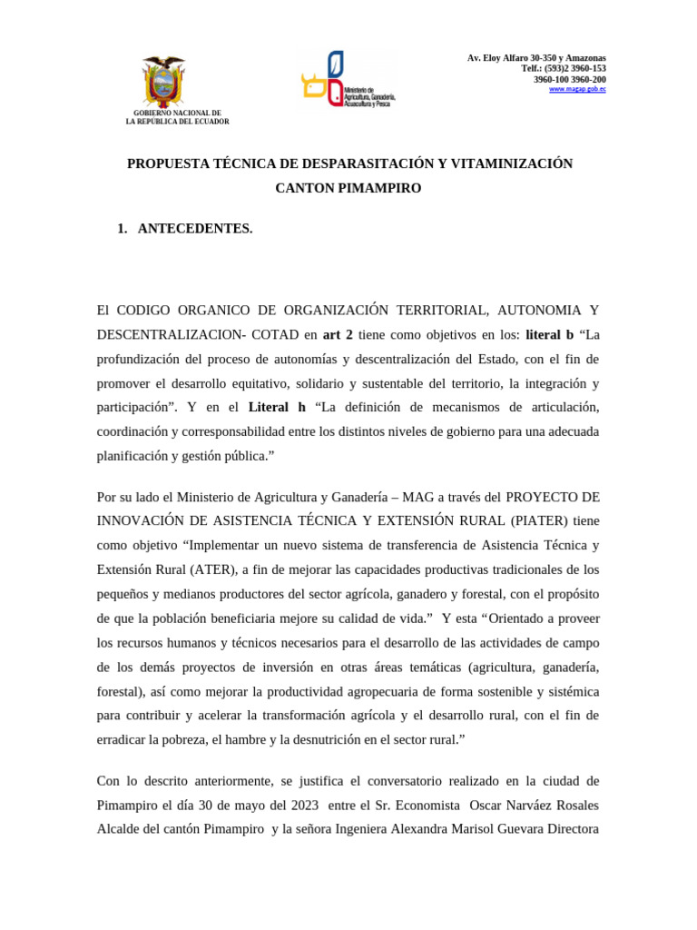 Propuetsa Tecnica para Desparasitar y Vitaminizar en El Canto Pimampiro ...