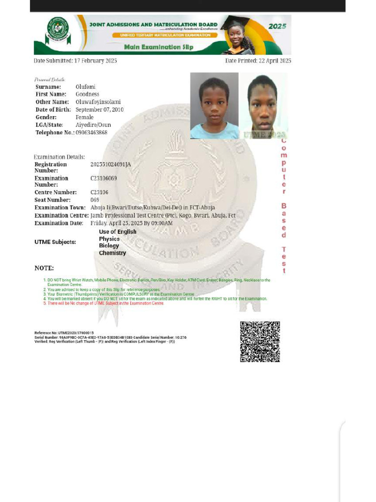 JAMB Examination Slip | PDF