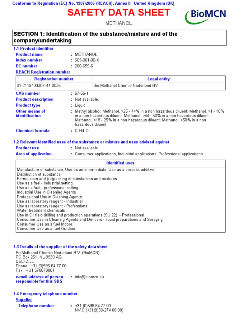 BioMCN Safety Data Sheet Methanol | PDF