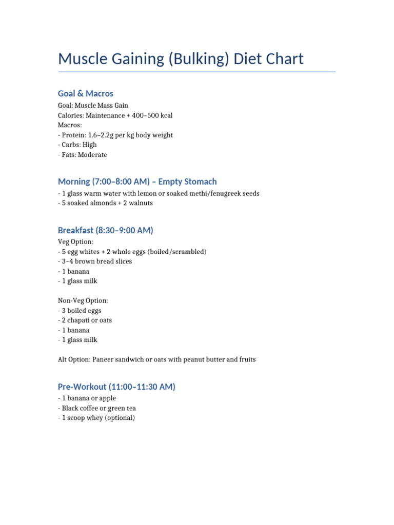 Muscle Gaining Bulking Diet Chart | PDF