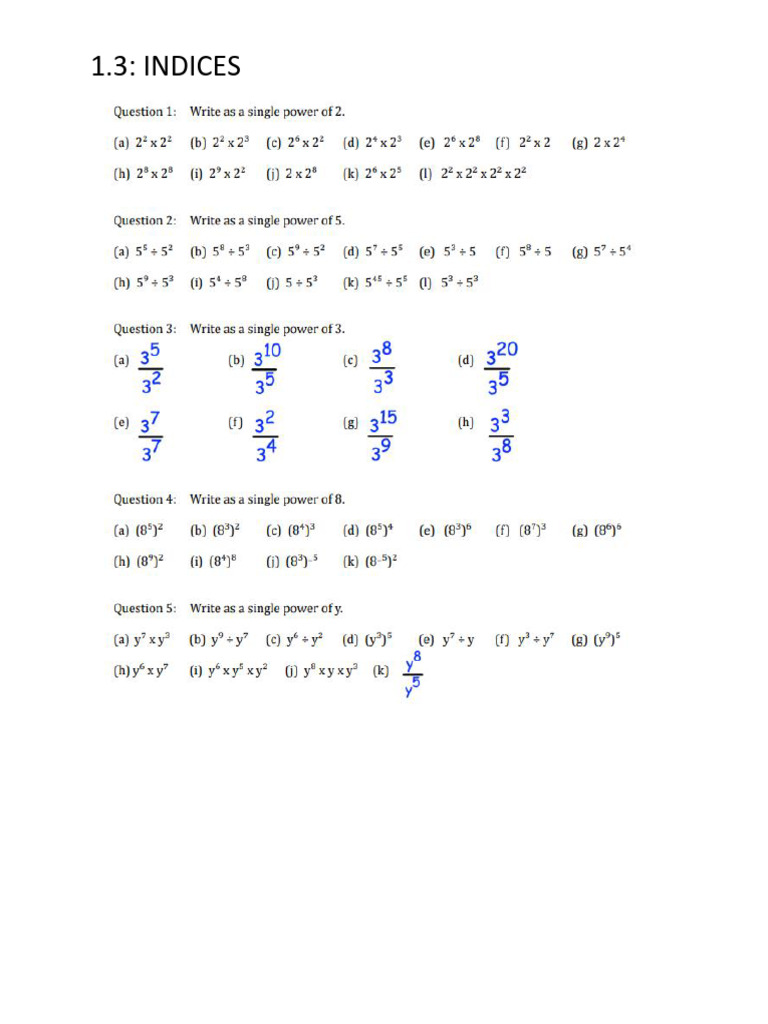 1.3 Indices Worksheet | PDF