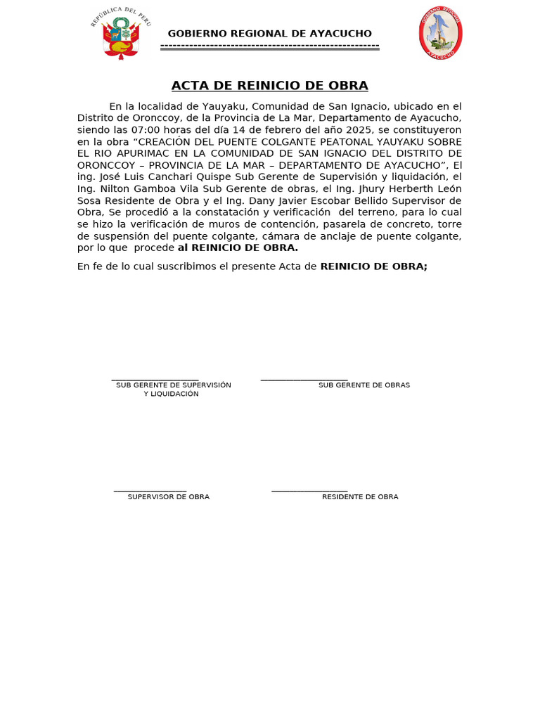 Acta de Reinicio de Obra La Febrero 2025 | PDF