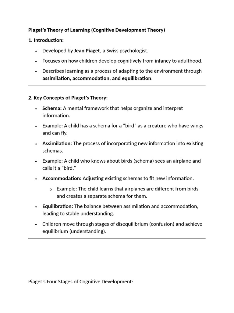 Piaget's Theory of Learning (Cognitive Development Theory) | PDF | Human Life Stages | Mental ...