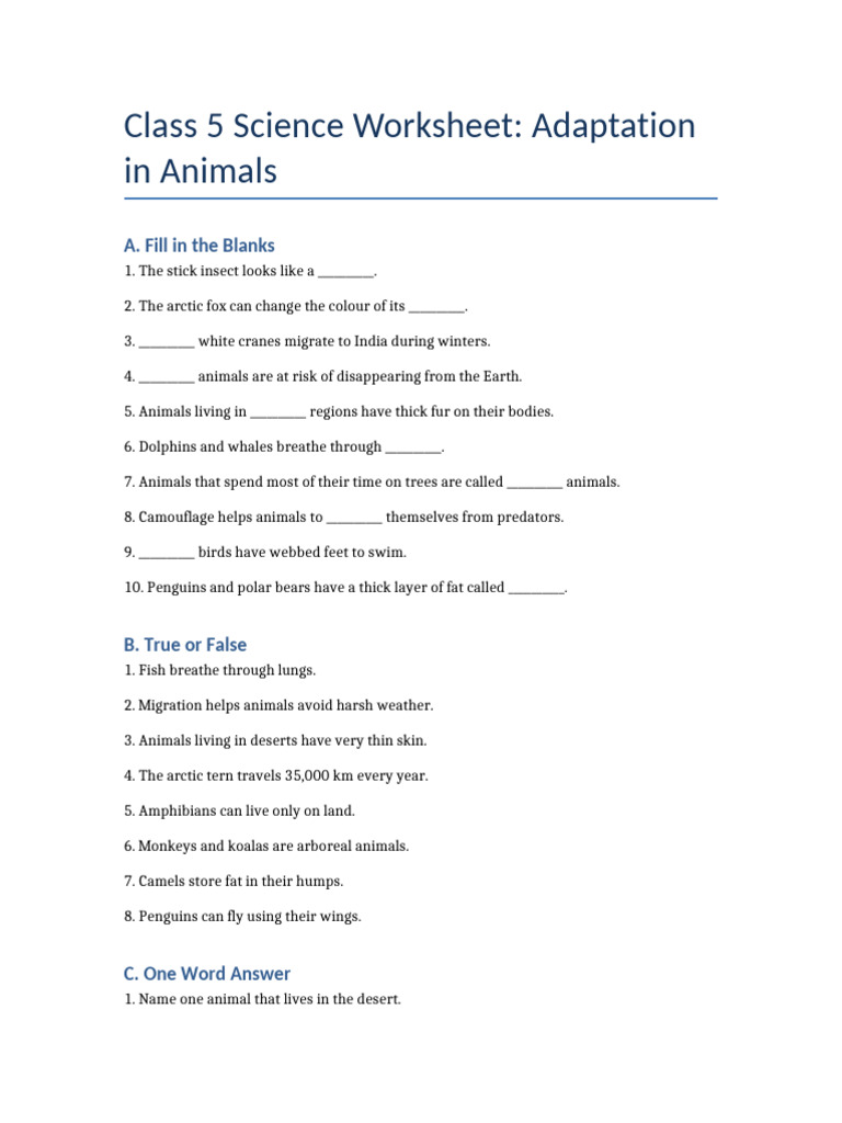 Grade 5 Animal Adaptation Worksheet | PDF
