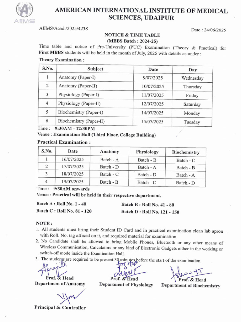 Pre University Exam Schedule - First MBBS - Batch 2024-25 | PDF