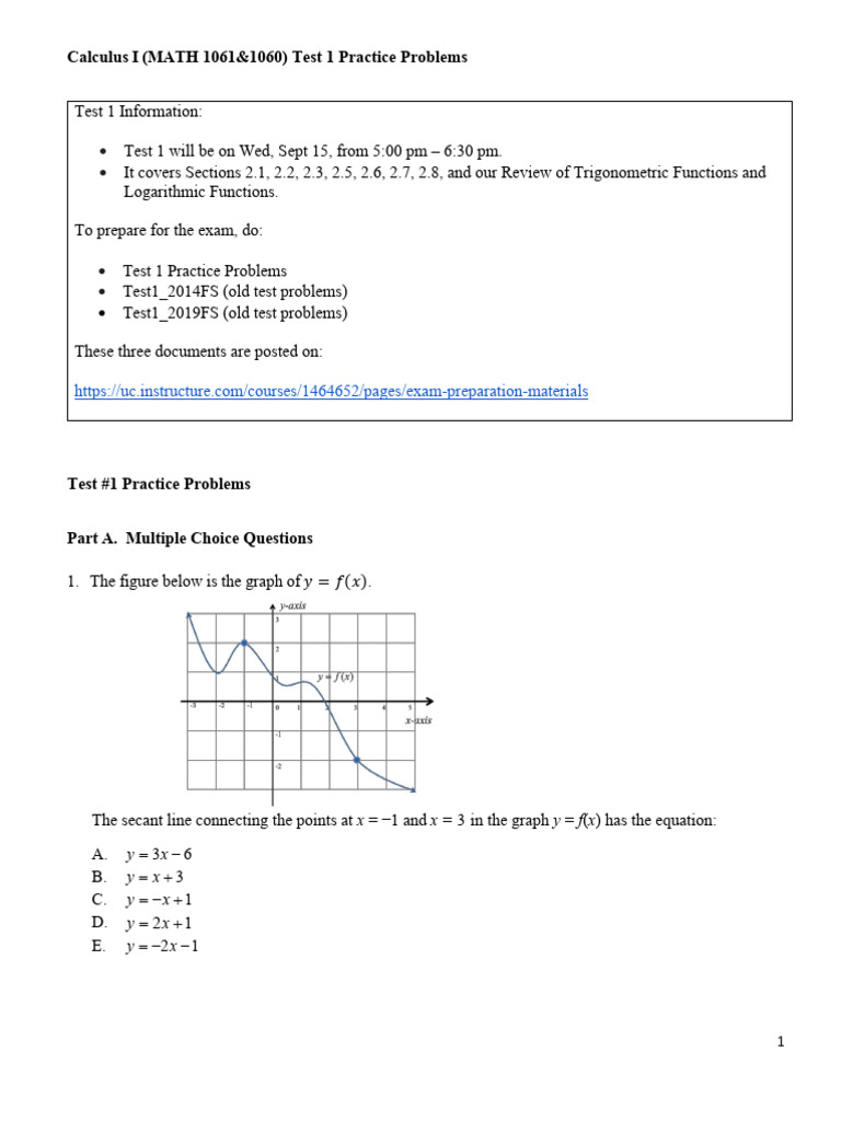 MATH1061 Test 1 Practice Problem 2021 Fall | PDF | Asymptote | Derivative