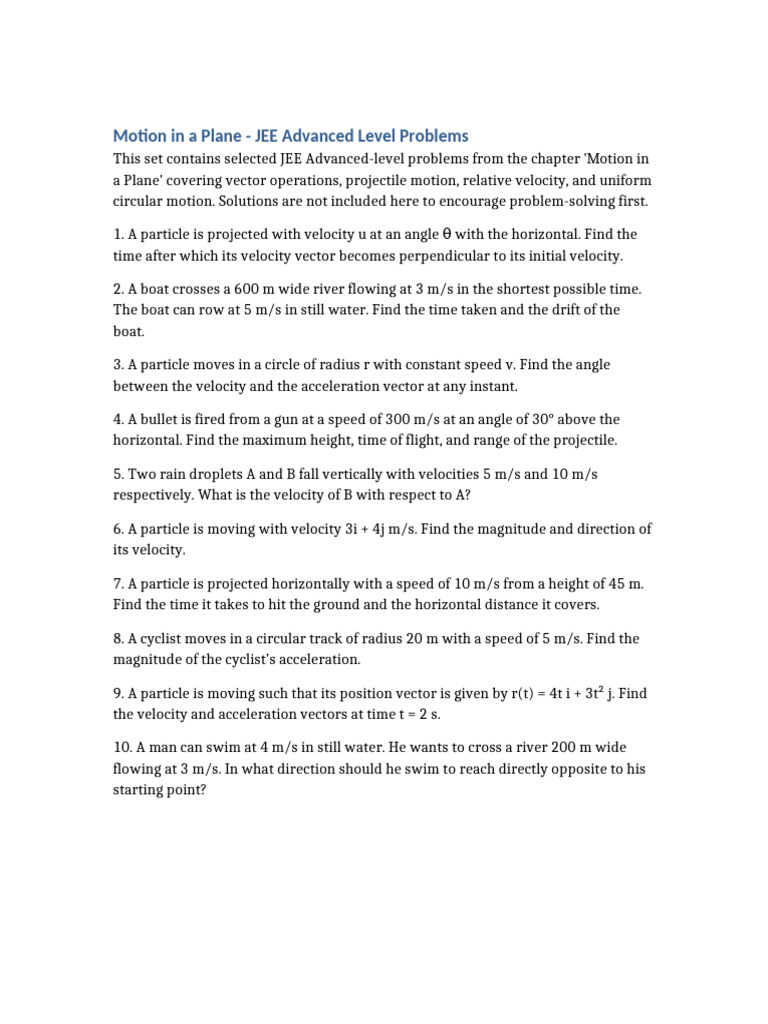 Motion in A Plane JEE Advanced Problems | PDF