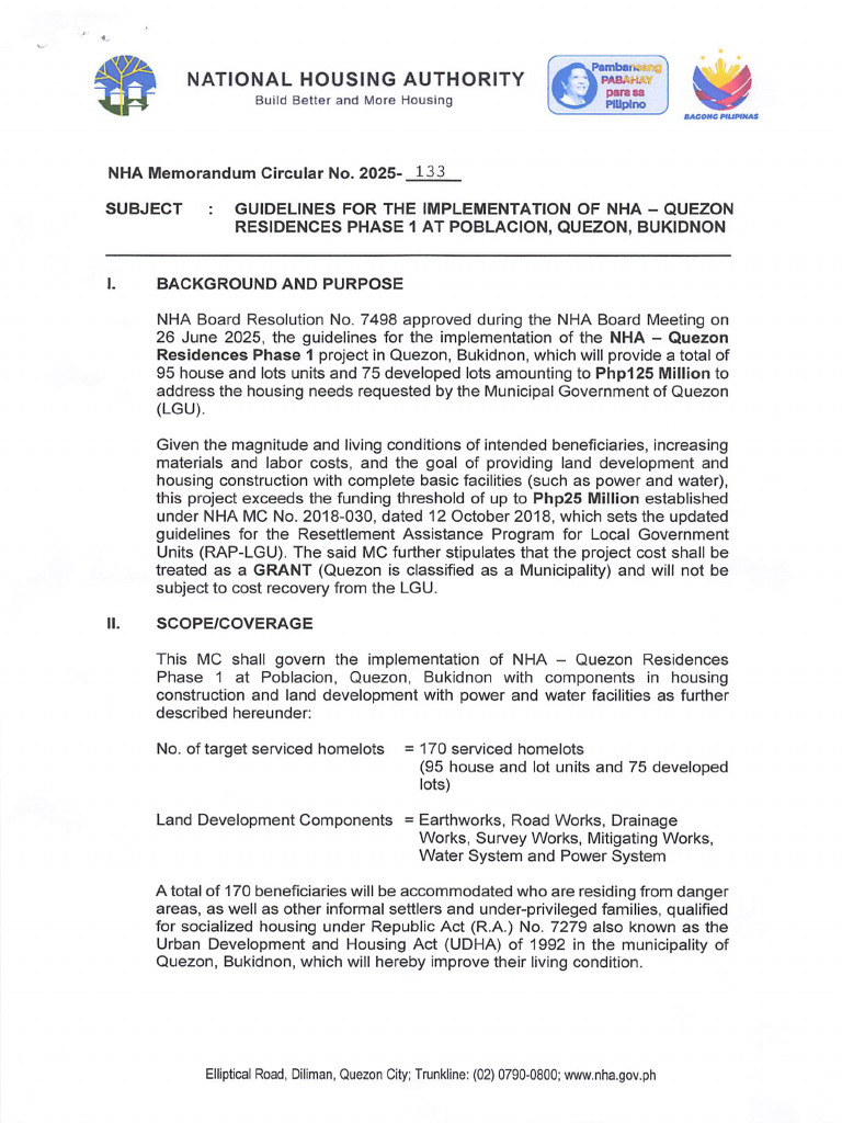 NHA MC 2025-133 - Guidelines For The Implementation of NHA-Quezon ...