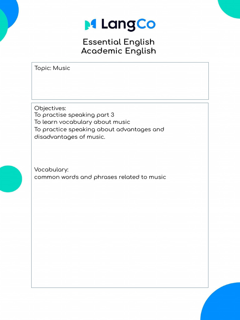 Essential English Academic English: Topic: Music | PDF | Concert | Songs