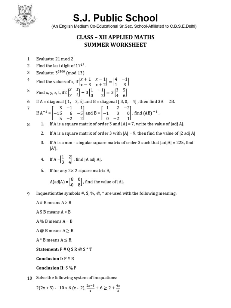 Xii Applied Maths Summer Worksheet | PDF