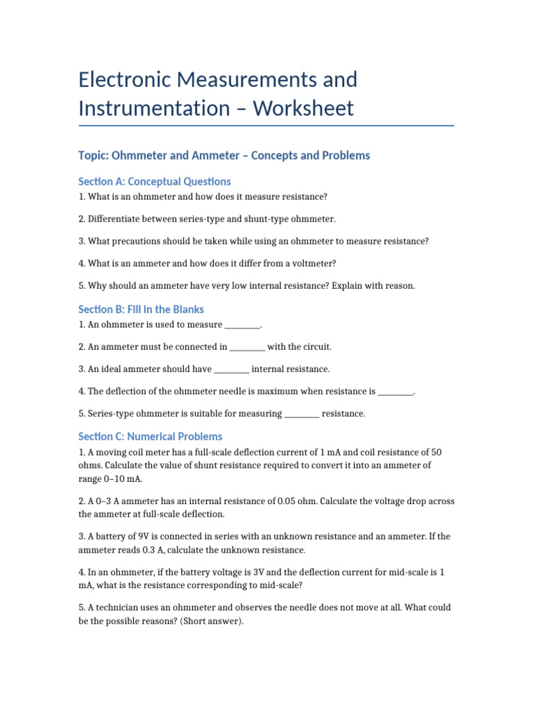 Ohmmeter Ammeter Worksheet EMI | PDF