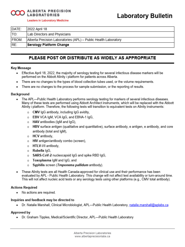 If Lab HP Bulletin Serology Platform Change | PDF | Serology | Antibody