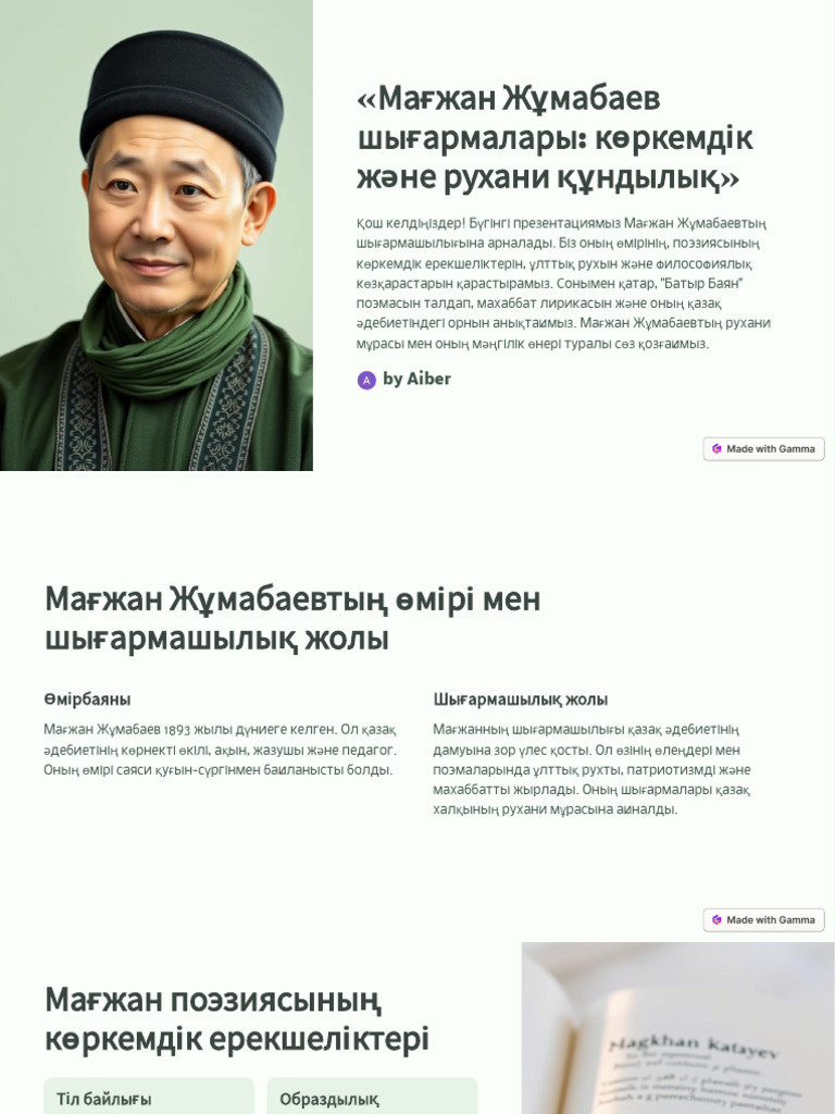 Maghzhan Zhumabaev Shygharmalary Koerkemdik Zhaene Ruhani Khundylykh | PDF