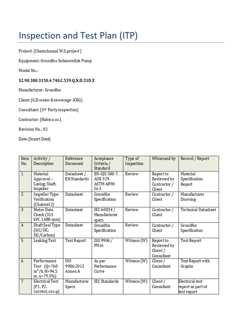 Inspection Test Plan for Grundfos Pump | PDF | Specification (Technical ...