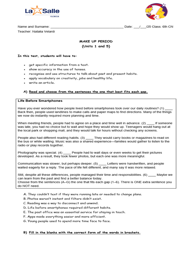 6th Grade English Test: Past & Present Habits | PDF