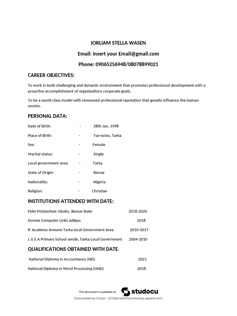 Resume of Iorliam Stella Wasen | PDF