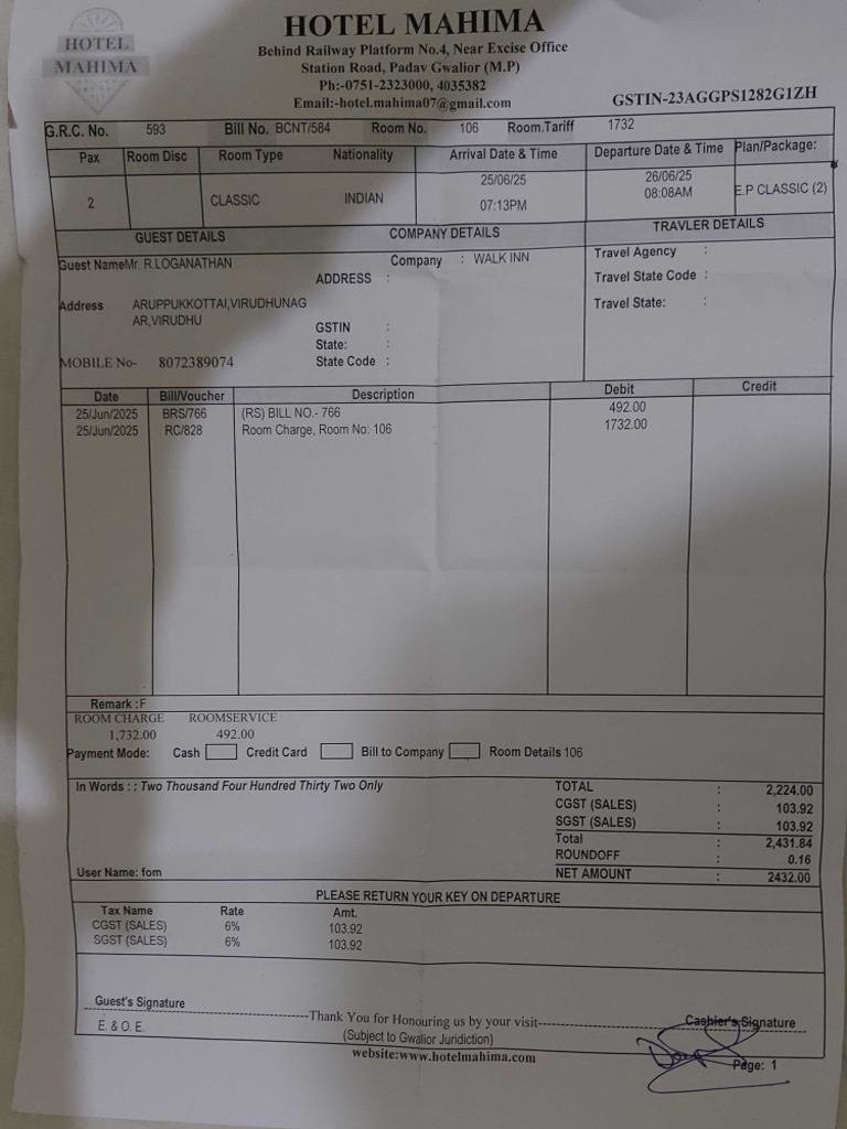 Hotel Mahima Bill Editable | PDF